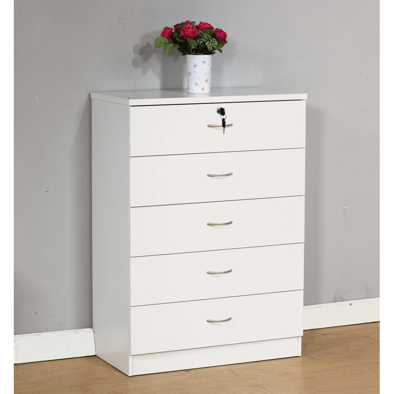 Five Drawer Chest Metal Handles Locking Top Drawer Metal Glide Rails White Melamine Laminate